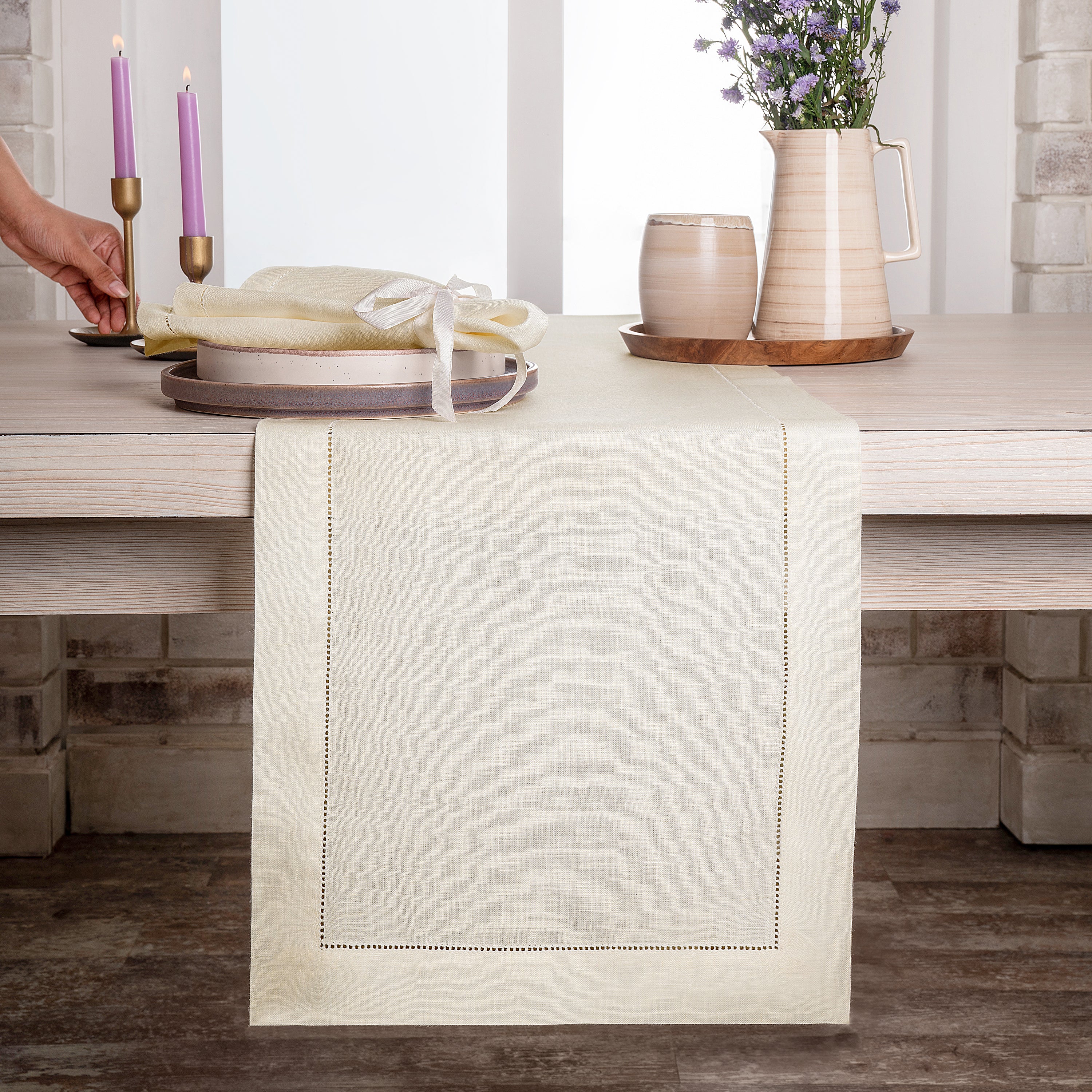 Ivory Linen Table Runner - Hemstitch