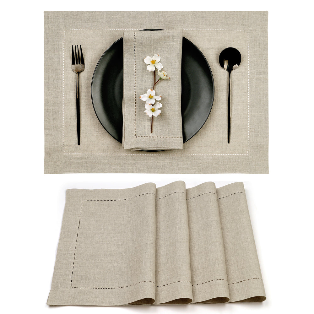 100% Pure Linen Hemstitch Placemats | Natural Fabric European Flax