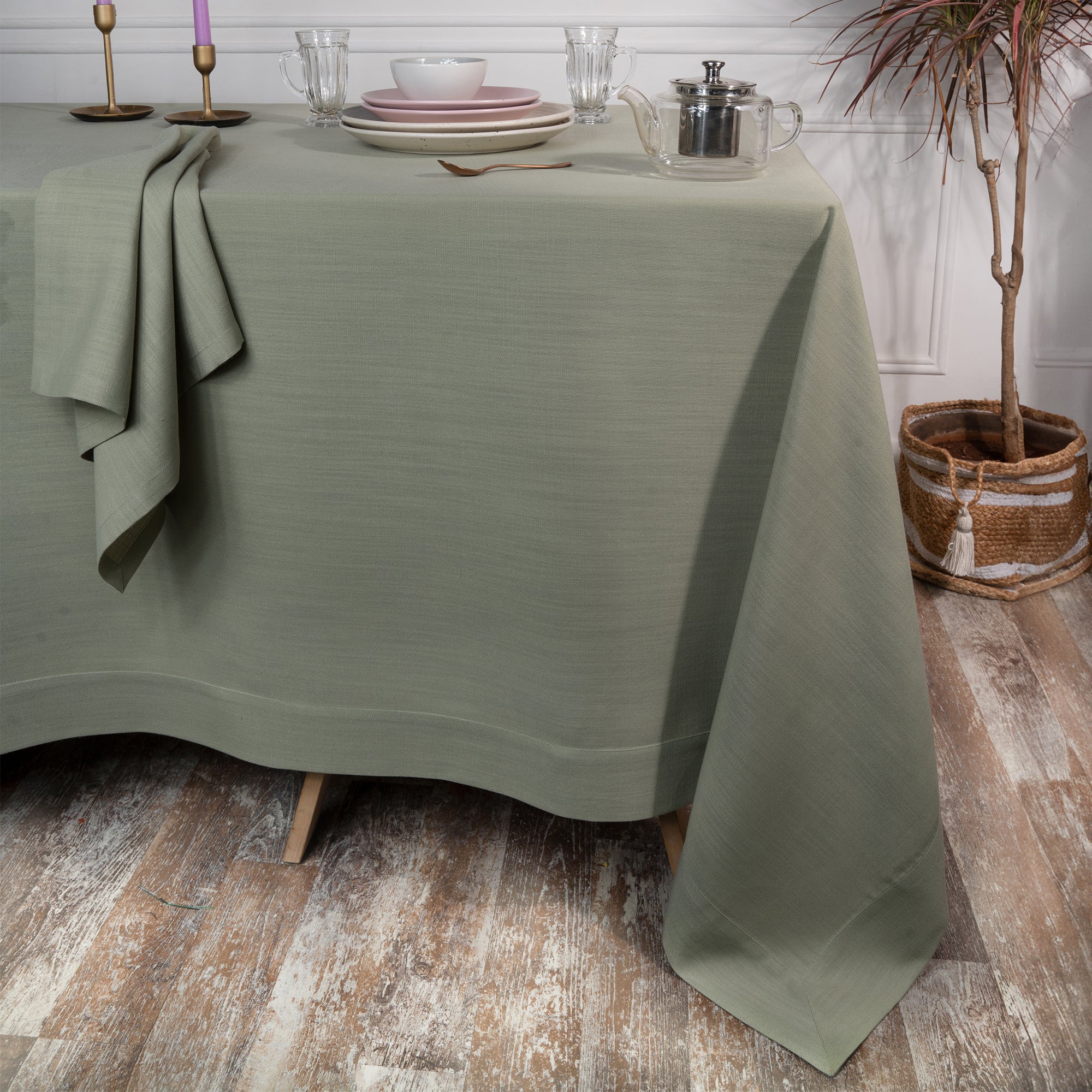 Sage Green Linen Look Mitered Corner Tablecloth | Global Recycled Standard