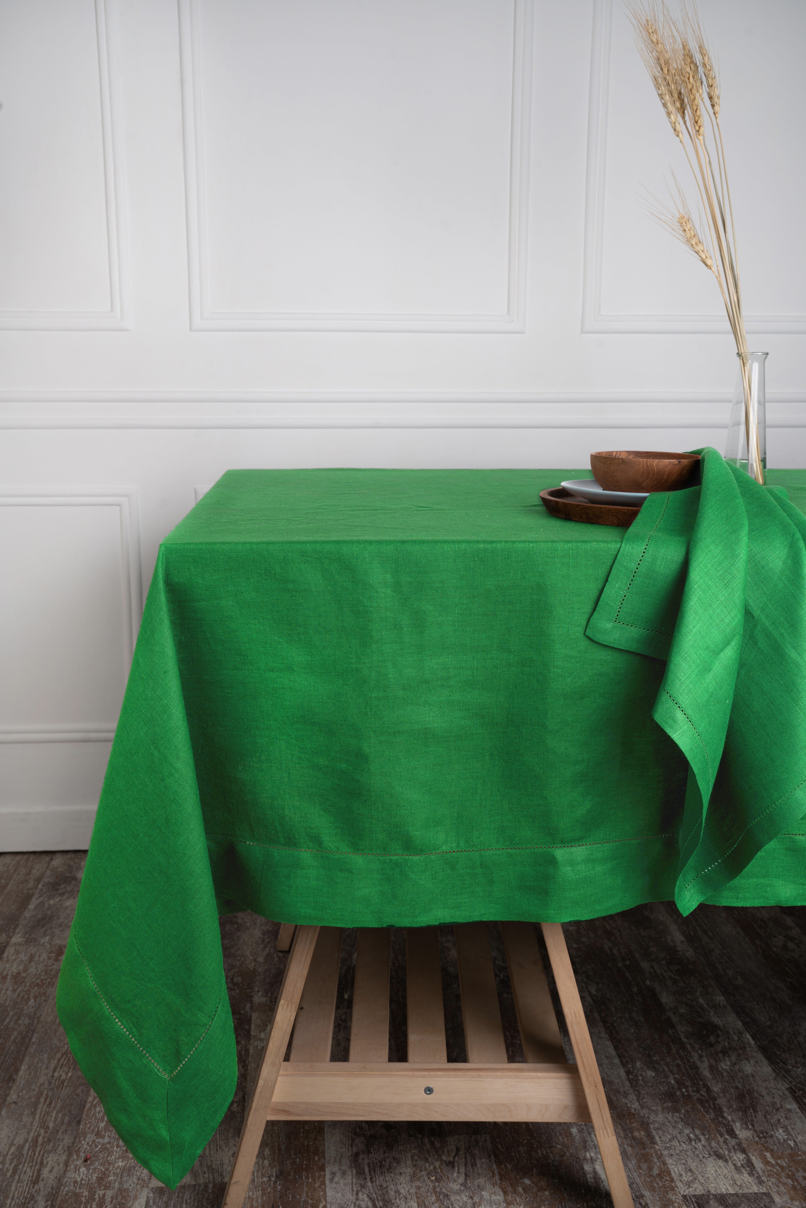 Kelly Green Linen Tablecloth, Hemstitch