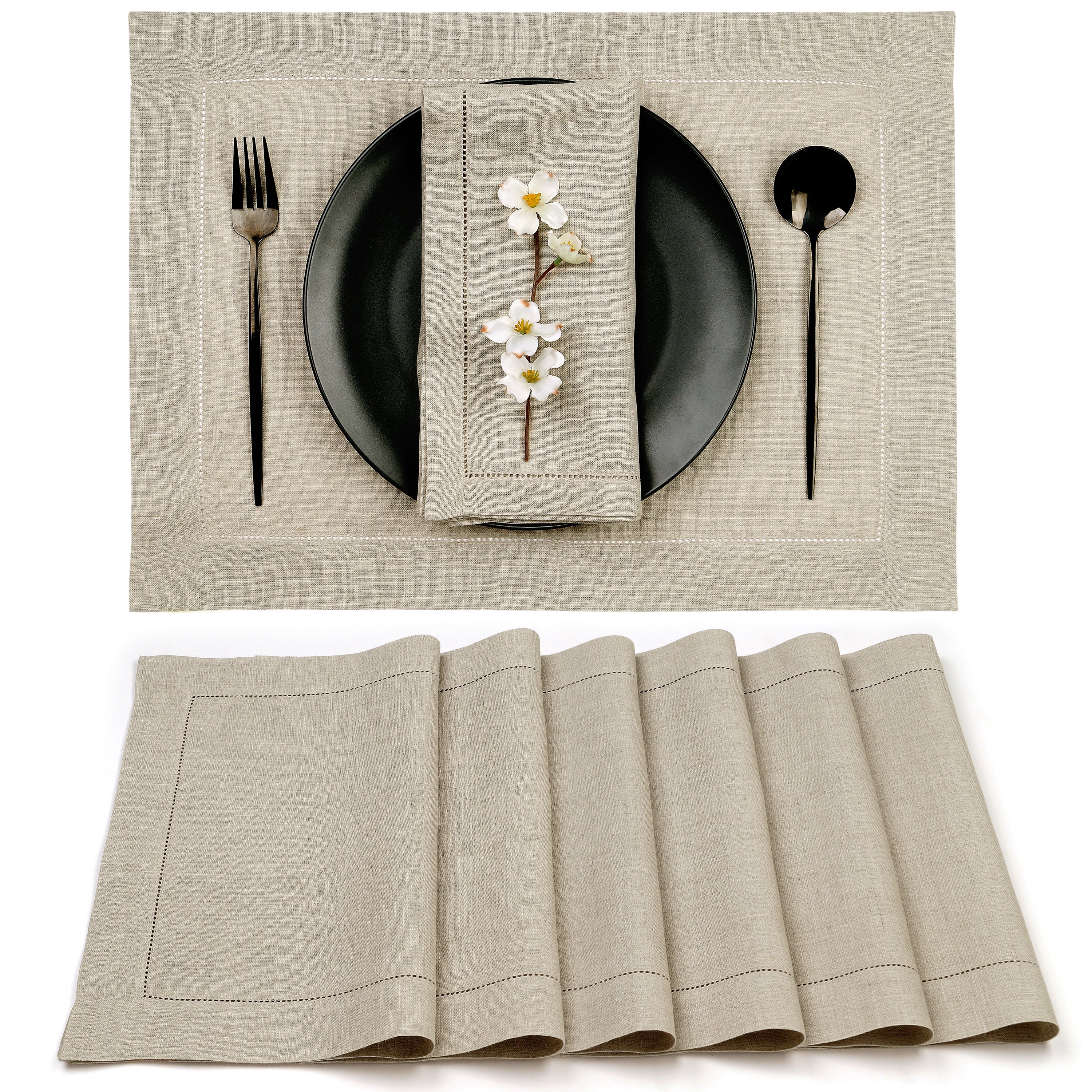 100% Pure Linen Hemstitch Placemats | Natural Fabric European Flax