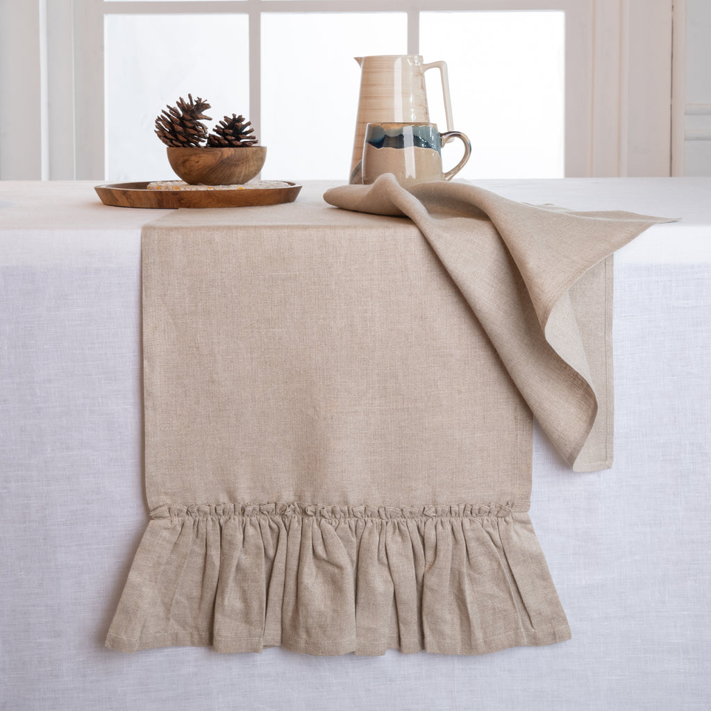 100% Pure Linen Ruffle Table Runner | Natural Fabric European Flax