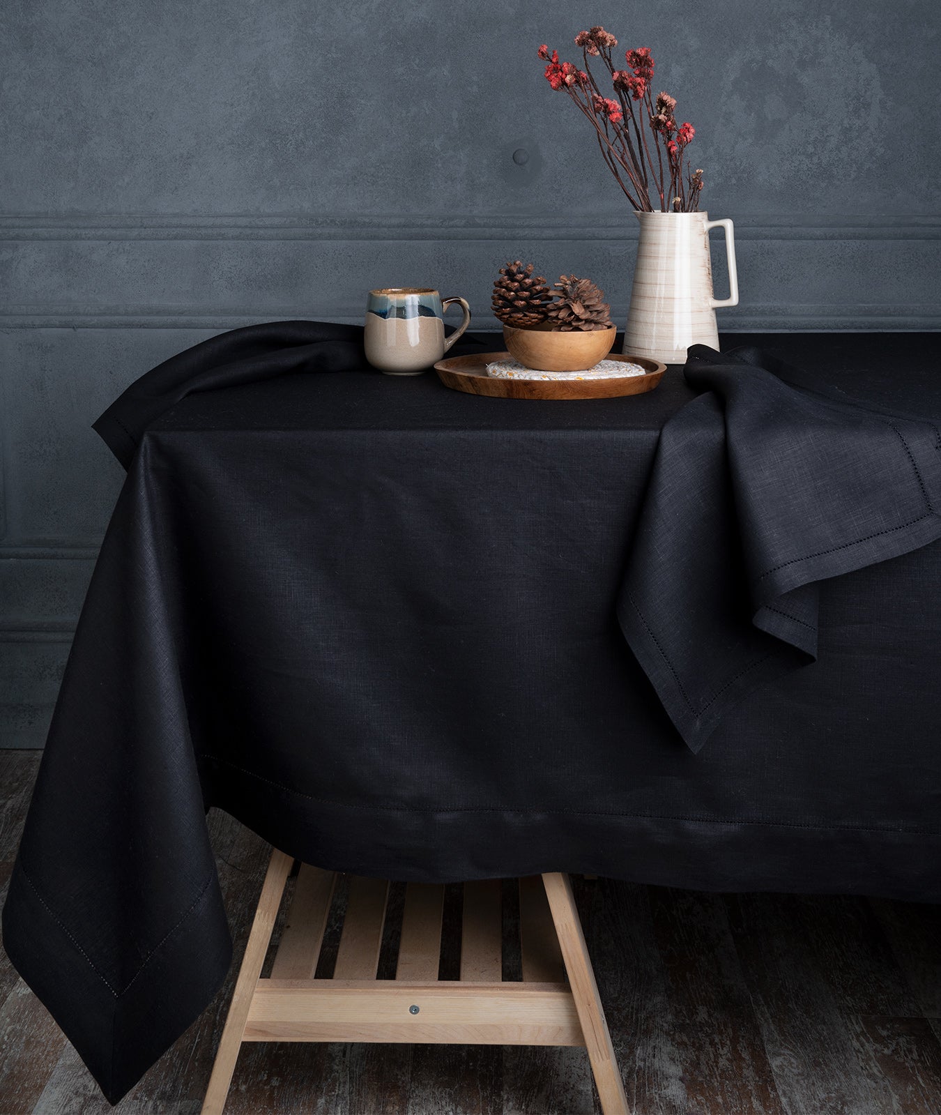 Black Linen Tablecloth, Hemstitch
