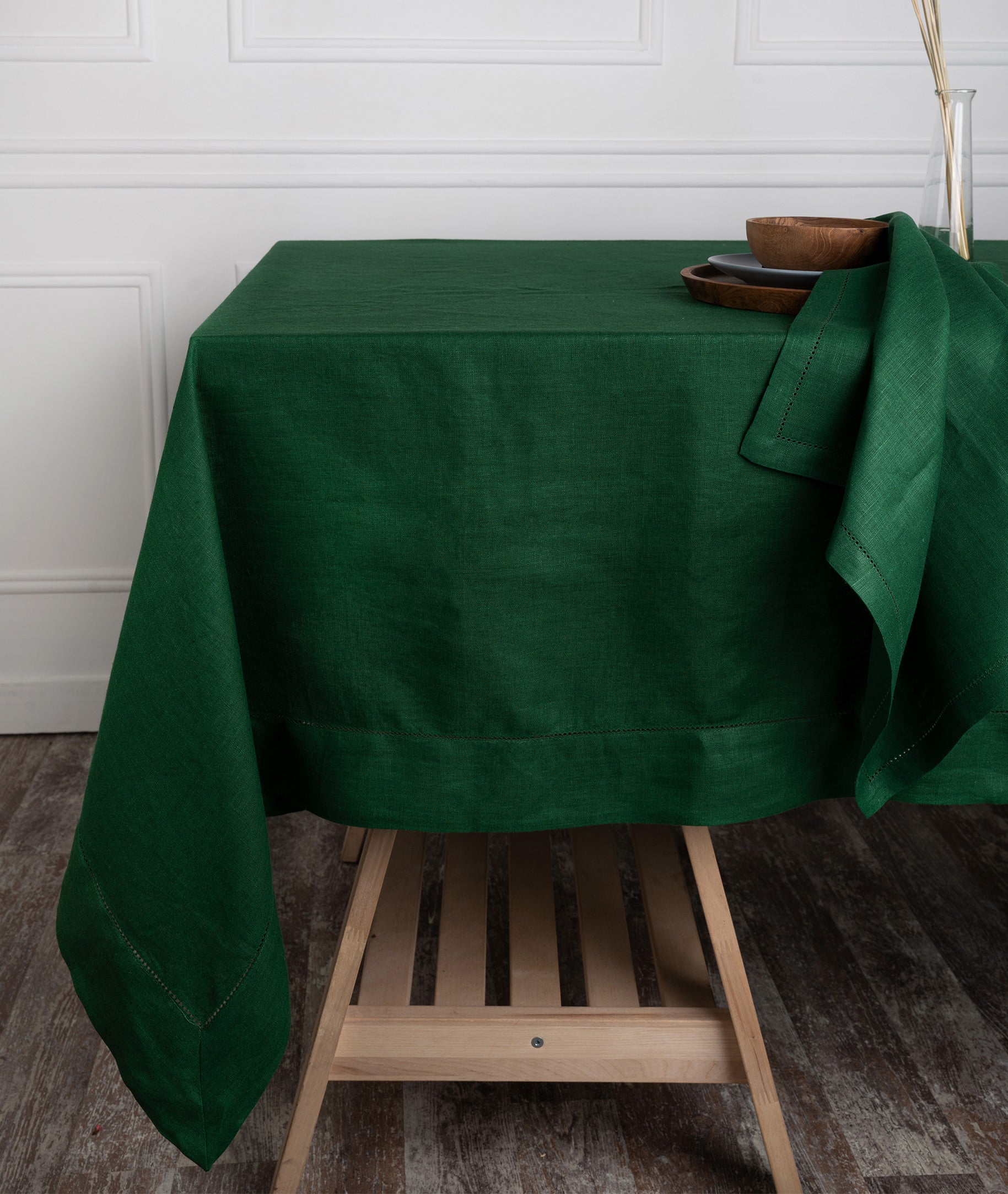 Eden Green Linen Tablecloth, Hemstitch